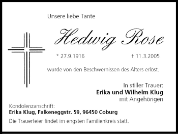 Hedwig Rose | Traueranzeige | trauer.inFranken.de