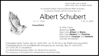 Albert Schubert | Traueranzeige | trauer.inFranken.de