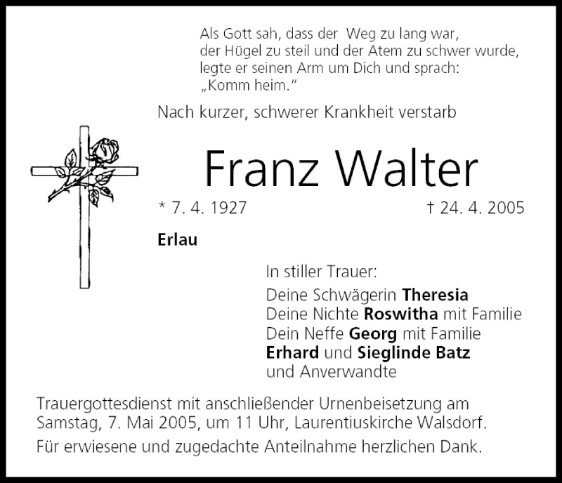 Franz Walter | Traueranzeige | trauer.inFranken.de