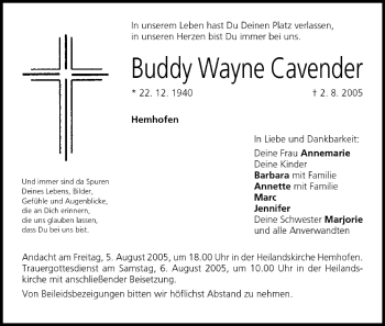 Buddy Wayne Cavender | Traueranzeige | trauer.inFranken.de