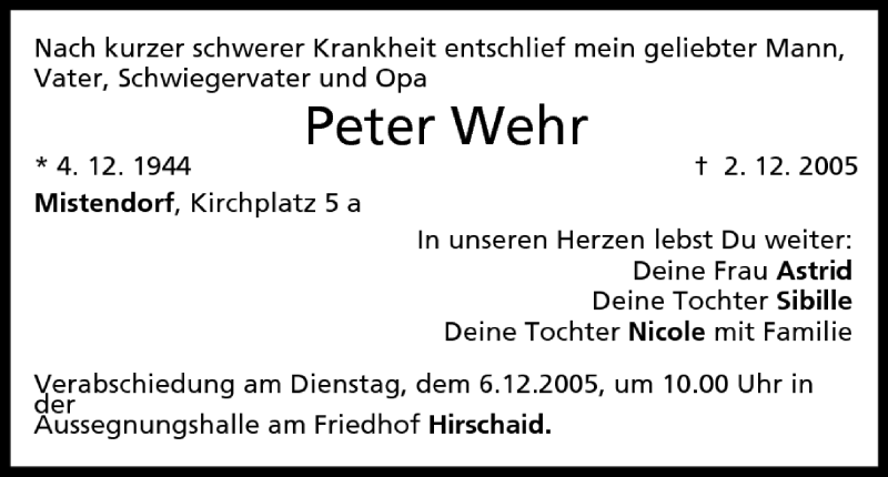 Peter Wehr | Traueranzeige | trauer.inFranken.de