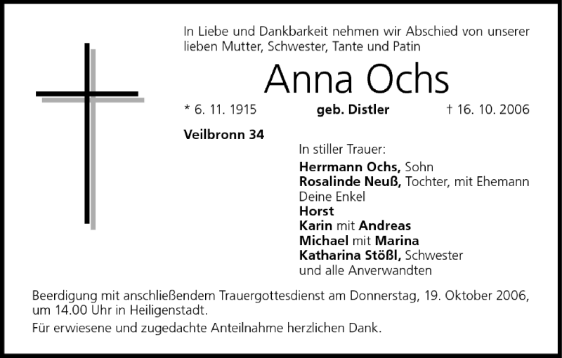 Anna Ochs | Traueranzeige | trauer.inFranken.de
