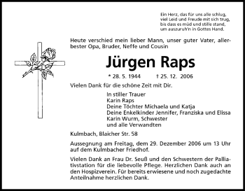 Jürgen Raps | Traueranzeige | trauer.inFranken.de