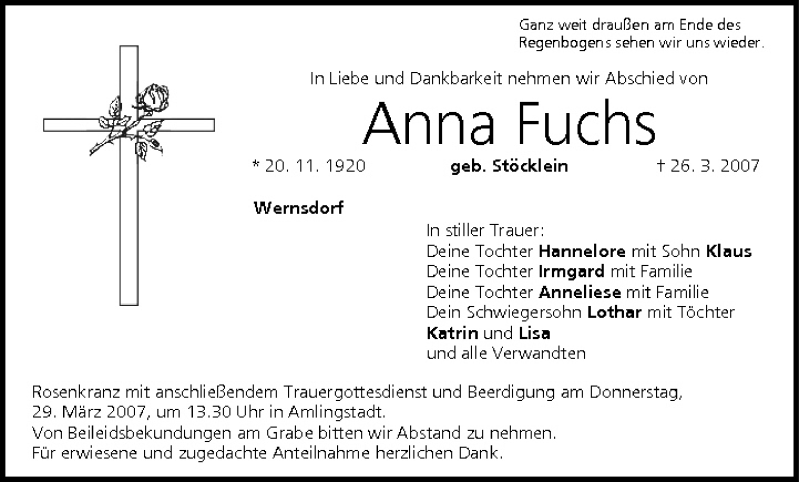 Anna Fuchs | Traueranzeige | trauer.inFranken.de