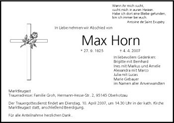 Max Horn | Traueranzeige | trauer.inFranken.de