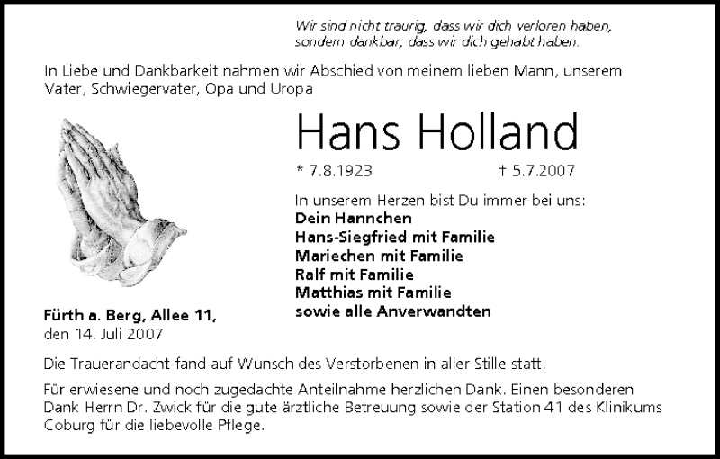 Hans Holland | Traueranzeige | trauer.inFranken.de