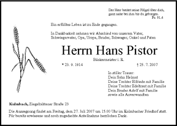 Hans Pistor | Traueranzeige | trauer.inFranken.de