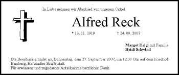 Alfred Reck | Traueranzeige | trauer.inFranken.de