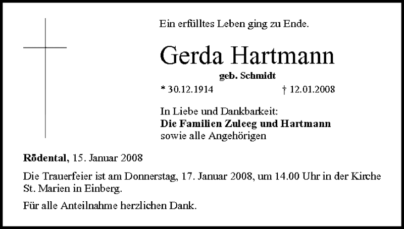 Gerda Hartmann | Traueranzeige | trauer.inFranken.de