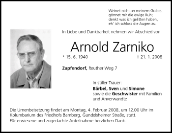 Arnold Zarniko | Traueranzeige | trauer.inFranken.de