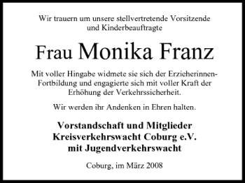 Monika Franz | Traueranzeige | trauer.inFranken.de