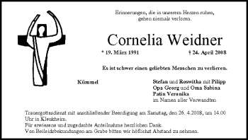 Cornelia Weidner | Traueranzeige | trauer.inFranken.de