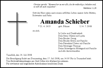 Amanda Schieber | Traueranzeige | trauer.inFranken.de