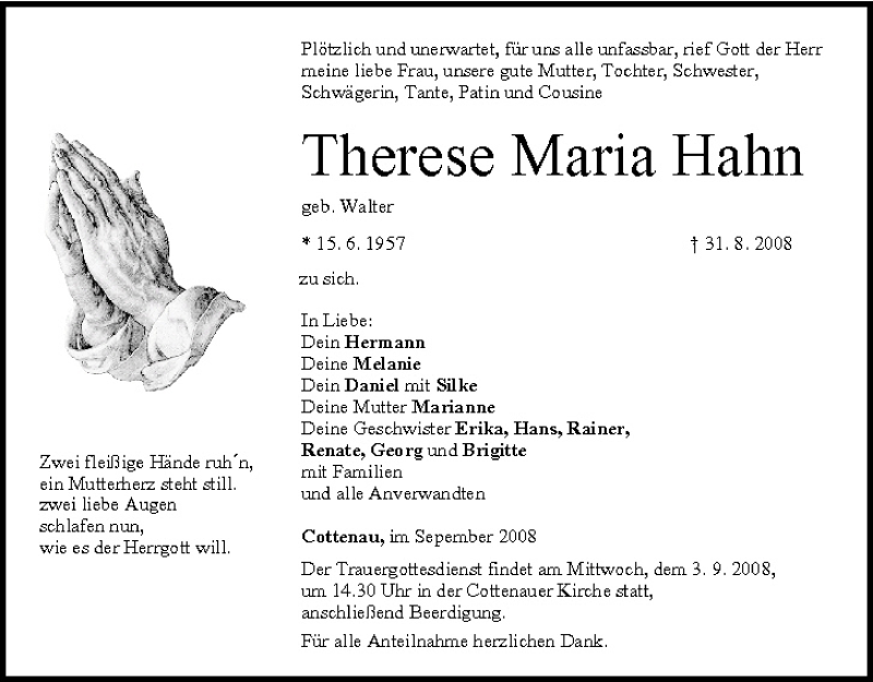 Therese Maria Hahn | Traueranzeige | trauer.inFranken.de