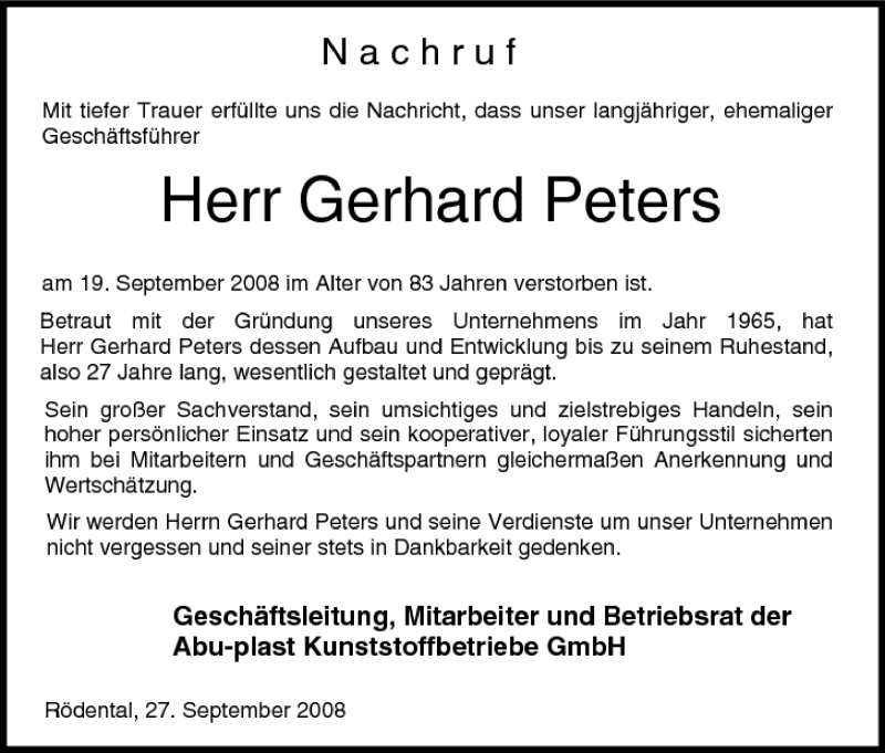 Gerhard Peters | Traueranzeige | trauer.inFranken.de