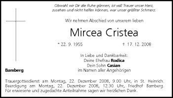 Mircea Cristea | Traueranzeige | trauer.inFranken.de