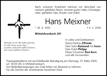 Hans Meixner | Traueranzeige | trauer.inFranken.de