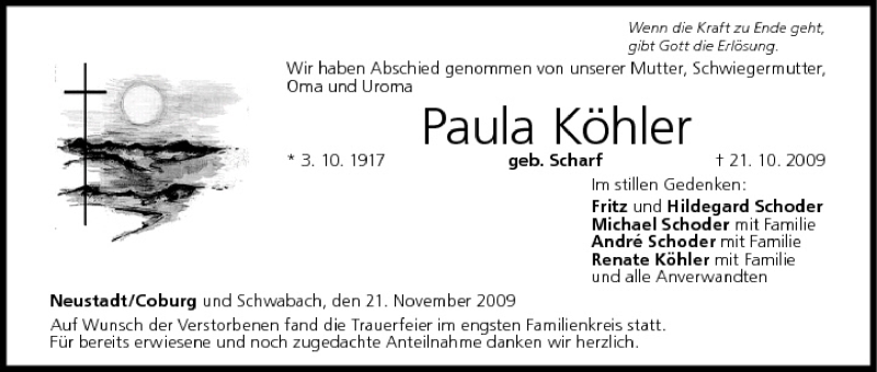 Paula Köhler | Traueranzeige | trauer.inFranken.de