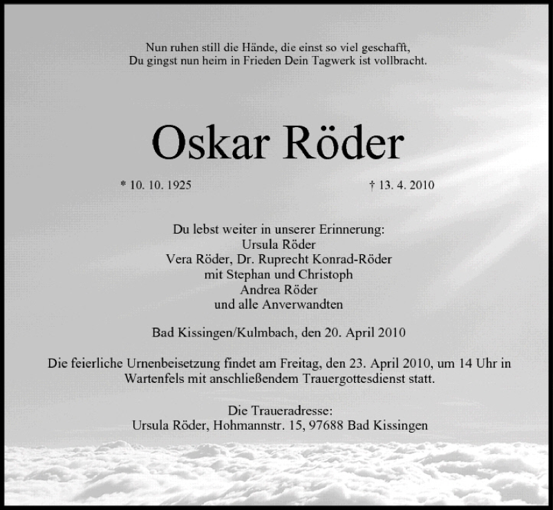 Oskar Röder | Traueranzeige | trauer.inFranken.de