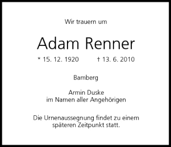 Adam Renner | Traueranzeige | trauer.inFranken.de