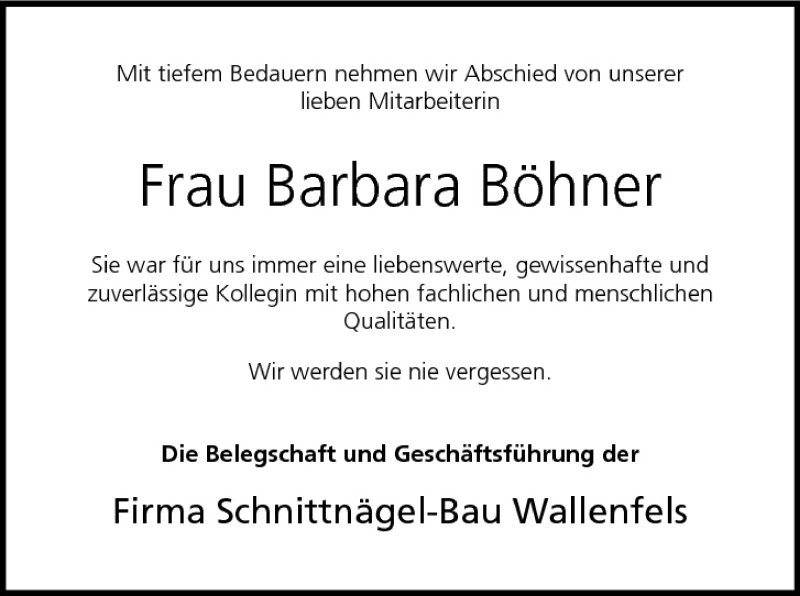 Barbara Böhner | Traueranzeige | trauer.inFranken.de