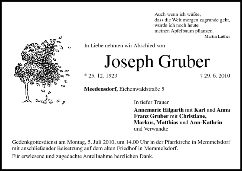 Joseph Gruber | Traueranzeige | trauer.inFranken.de