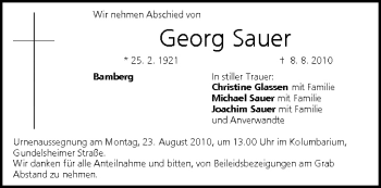 Georg Sauer | Traueranzeige | trauer.inFranken.de