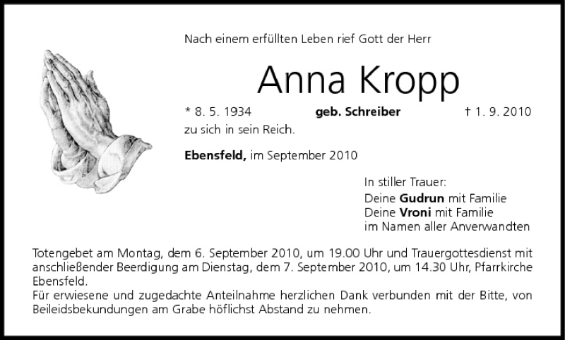 Anna Kropp | Traueranzeige | trauer.inFranken.de