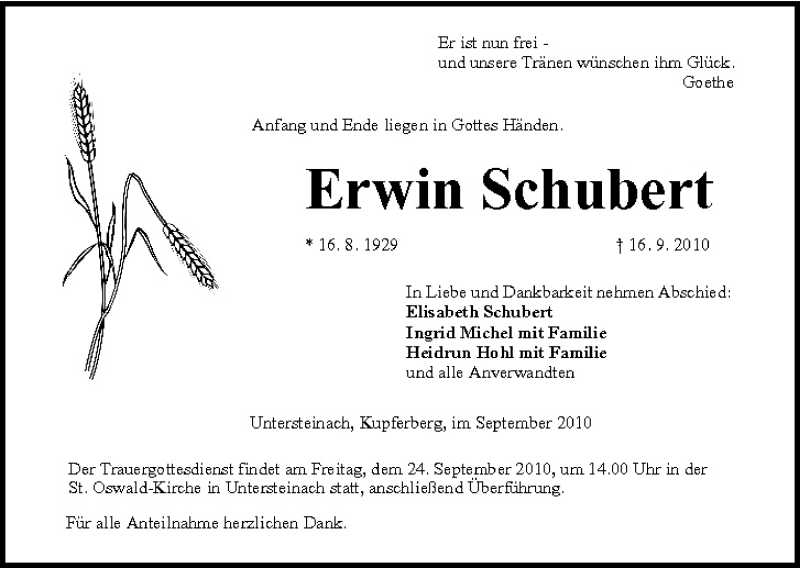 Erwin Schubert | Traueranzeige | trauer.inFranken.de Erwin Schubert | Traueranzeige | trauer.inFranken.de