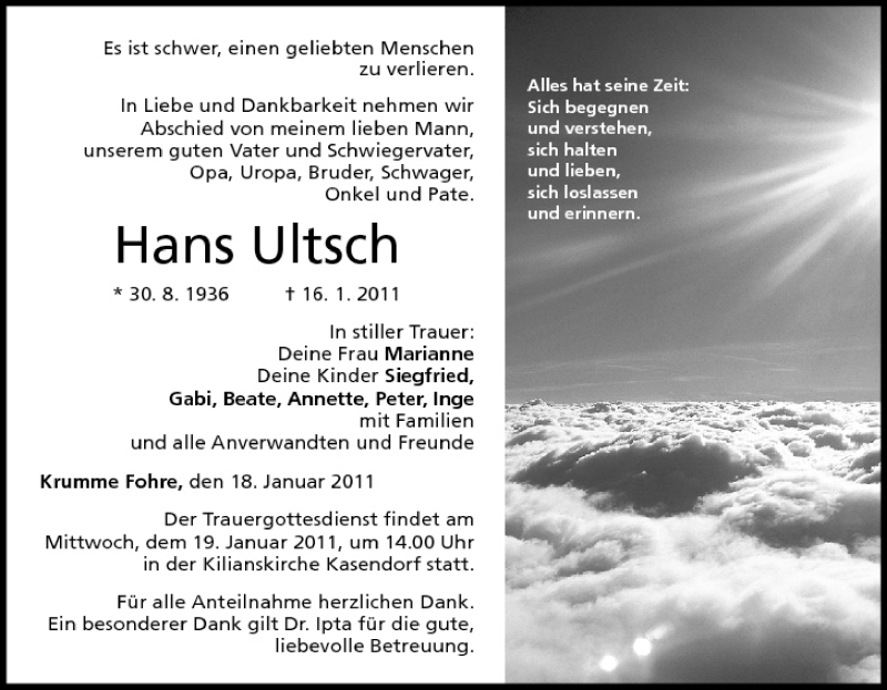 Hans Ultsch | Traueranzeige | trauer.inFranken.de