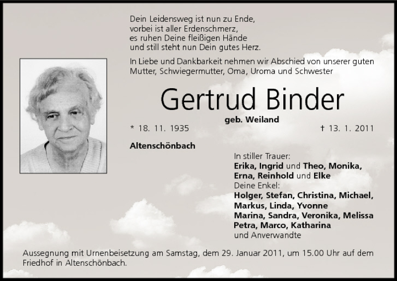 Gertrud Binder | Traueranzeige | trauer.inFranken.de