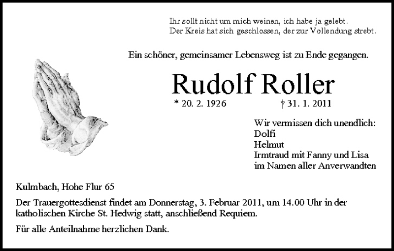 Rudolf Roller | Traueranzeige | trauer.inFranken.de