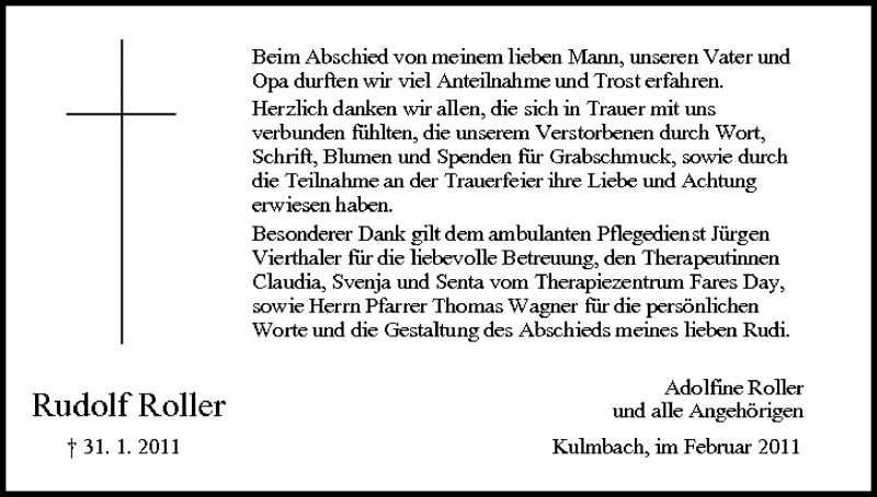 Rudolf Roller | Traueranzeige | trauer.inFranken.de
