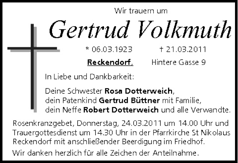 Gertrud Volkmuth | Traueranzeige | trauer.inFranken.de