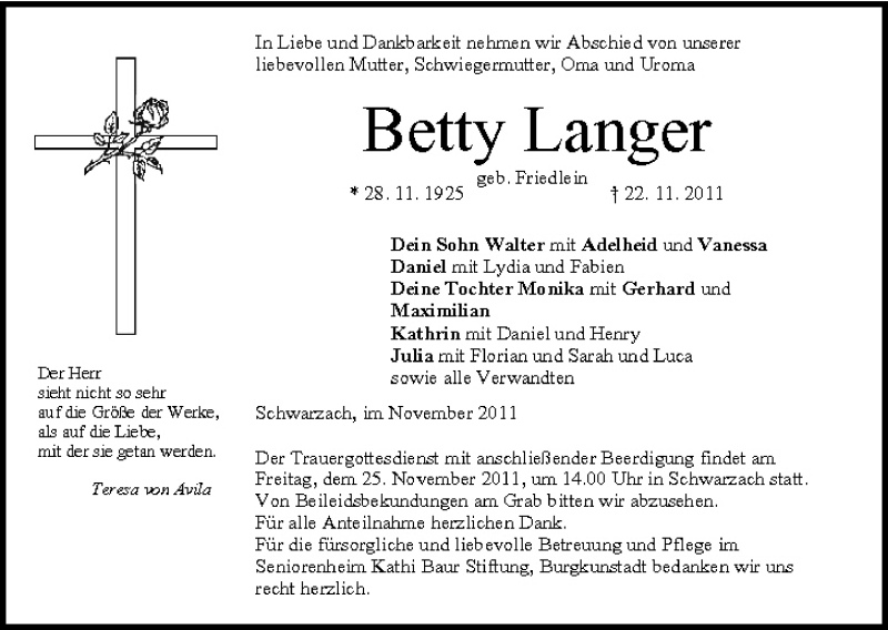 Betty Langer | Traueranzeige | trauer.inFranken.de