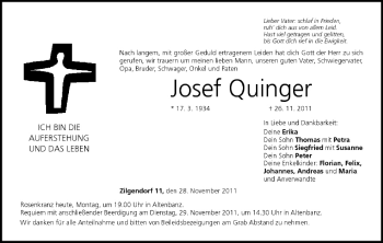 Josef Quinger | Traueranzeige | trauer.inFranken.de