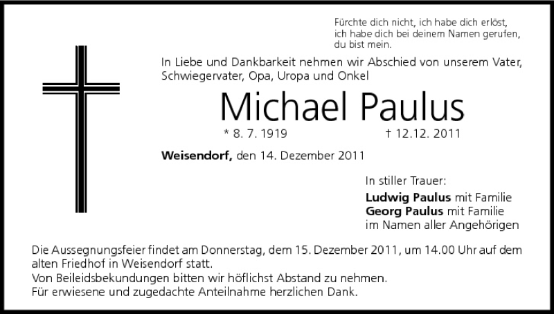 Michael Paulus | Traueranzeige | trauer.inFranken.de