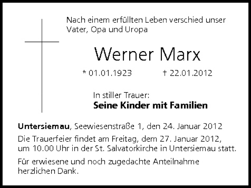 Werner Marx | Traueranzeige | trauer.inFranken.de