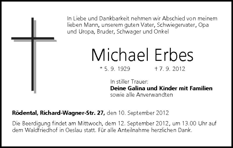 Michael Erbes | Traueranzeige | trauer.inFranken.de
