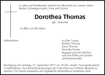 Dorothea Thomas | Traueranzeige | trauer.inFranken.de