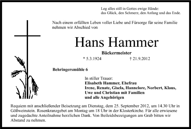 Hans Hammer | Traueranzeige | trauer.inFranken.de