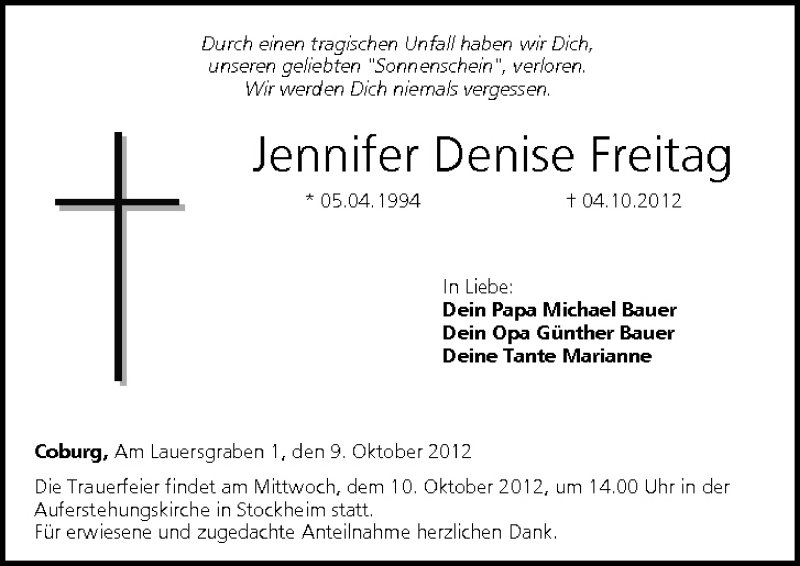 Jennifer Denise Freitag | Traueranzeige | trauer.inFranken.de