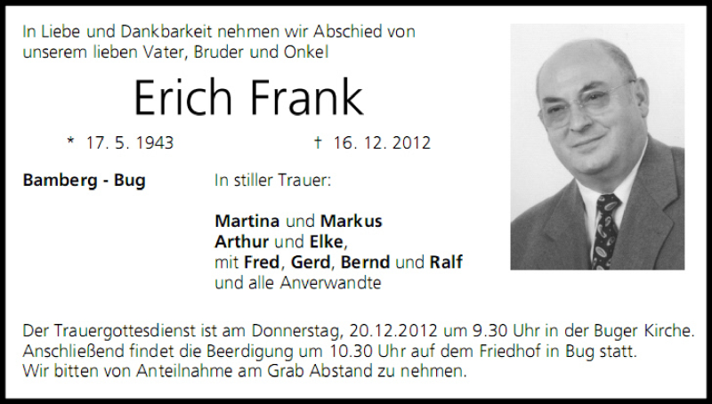 Erich Frank | Traueranzeige | trauer.inFranken.de