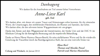 Anne-Liese Karl | Traueranzeige | trauer.inFranken.de