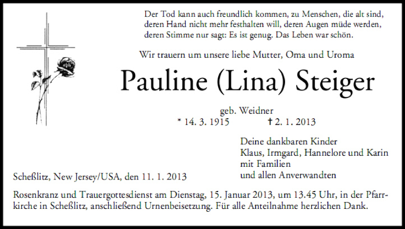 Pauline Steiger | Traueranzeige | trauer.inFranken.de Pauline Steiger | Traueranzeige | trauer.inFranken.de