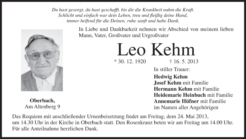Leo Kehm | Traueranzeige | trauer.inFranken.de