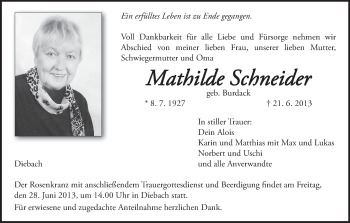 Mathilde Schneider | Traueranzeige | trauer.inFranken.de