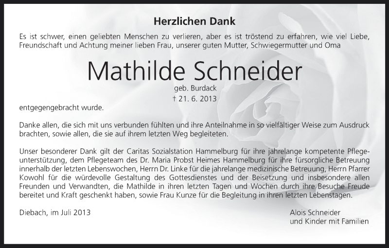 Mathilde Schneider | Traueranzeige | trauer.inFranken.de