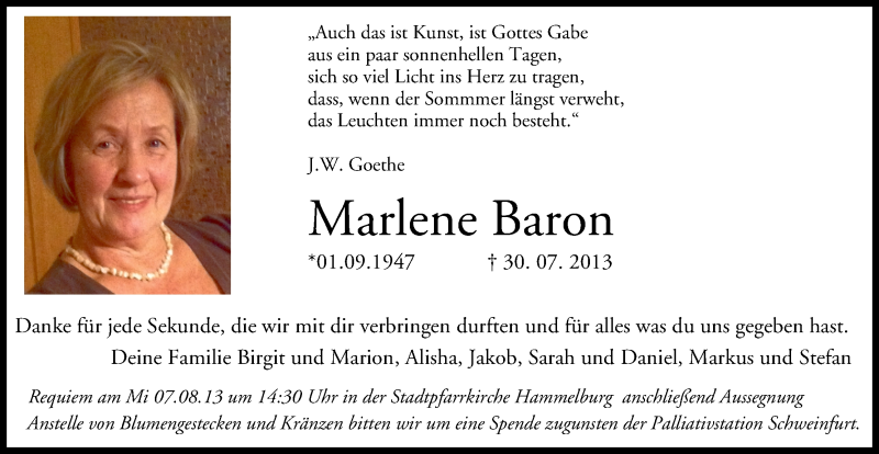 Marlene Baron | Traueranzeige | trauer.inFranken.de