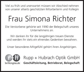 Simona Richter | Traueranzeige | trauer.inFranken.de